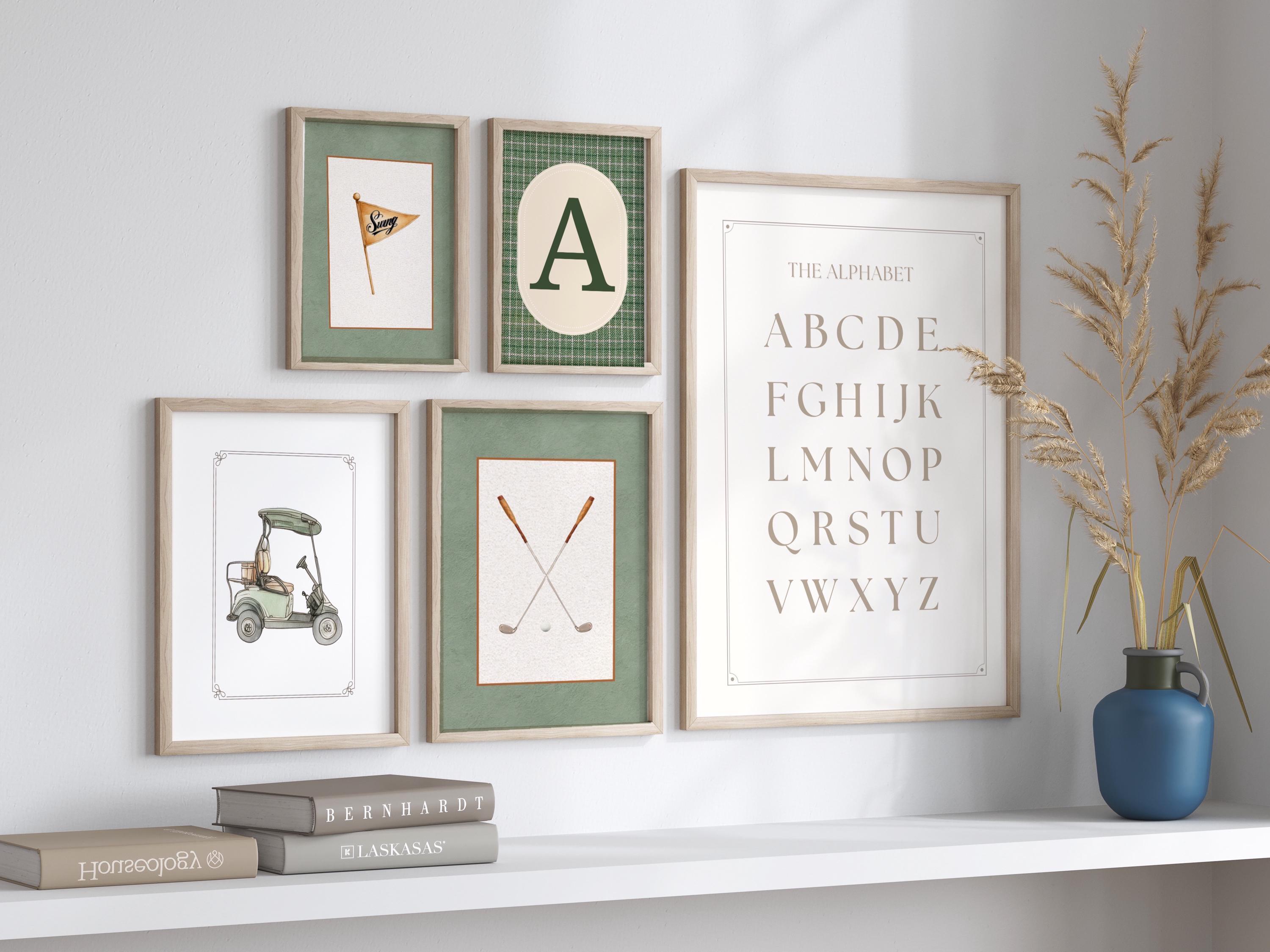 Vintage Golf Nursery Prints: Green Watercolor, Plaid Name Initial (set ...