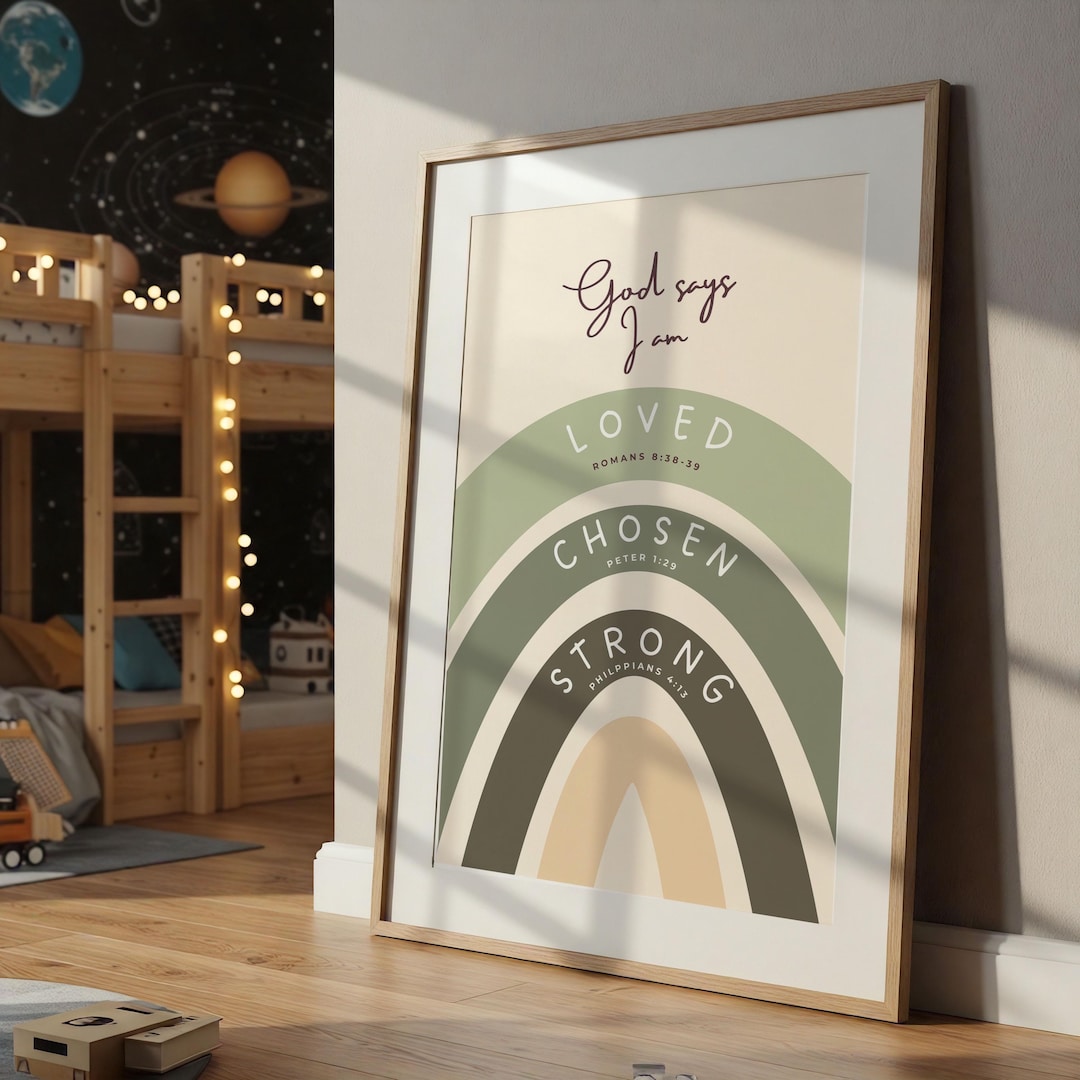 Kids Rainbow Scripture Print, Sage Green Colour Tones, God Says I Am ...
