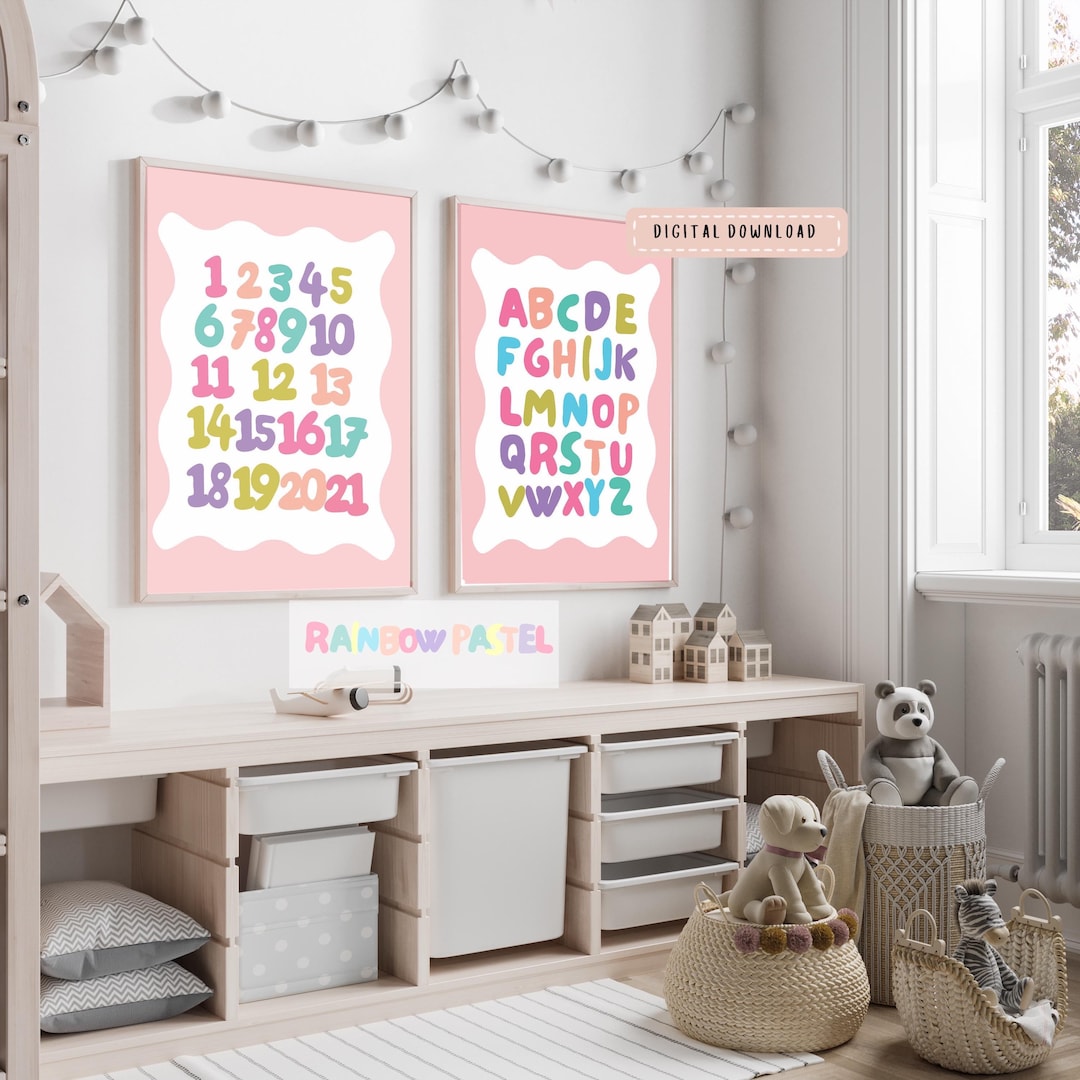 Pastel Rainbow Playroom Poster Alphabet and Numbers, Educational Pink ...