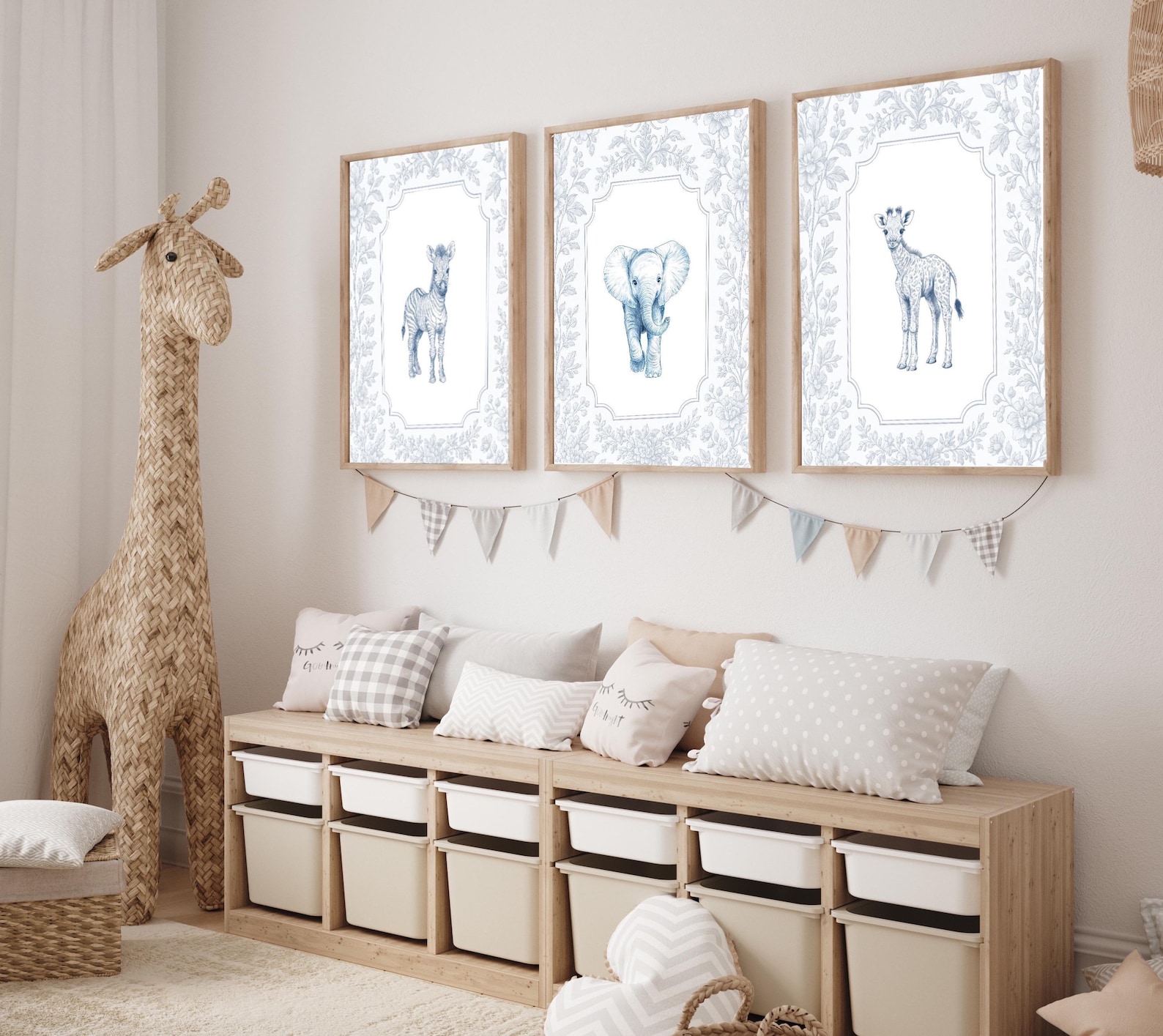 Blue Toile De Jouy Wall Prints, Safari Animals, Elephant, Giraffe ...