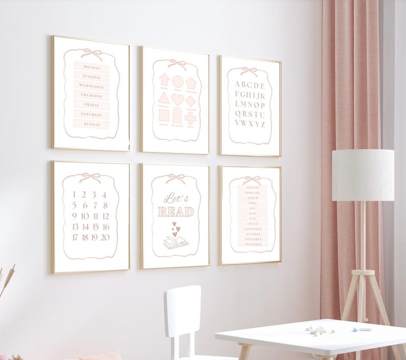 Pink Coquette Educational Poster Set: Bows, Alphabet, Numbers (digital ...