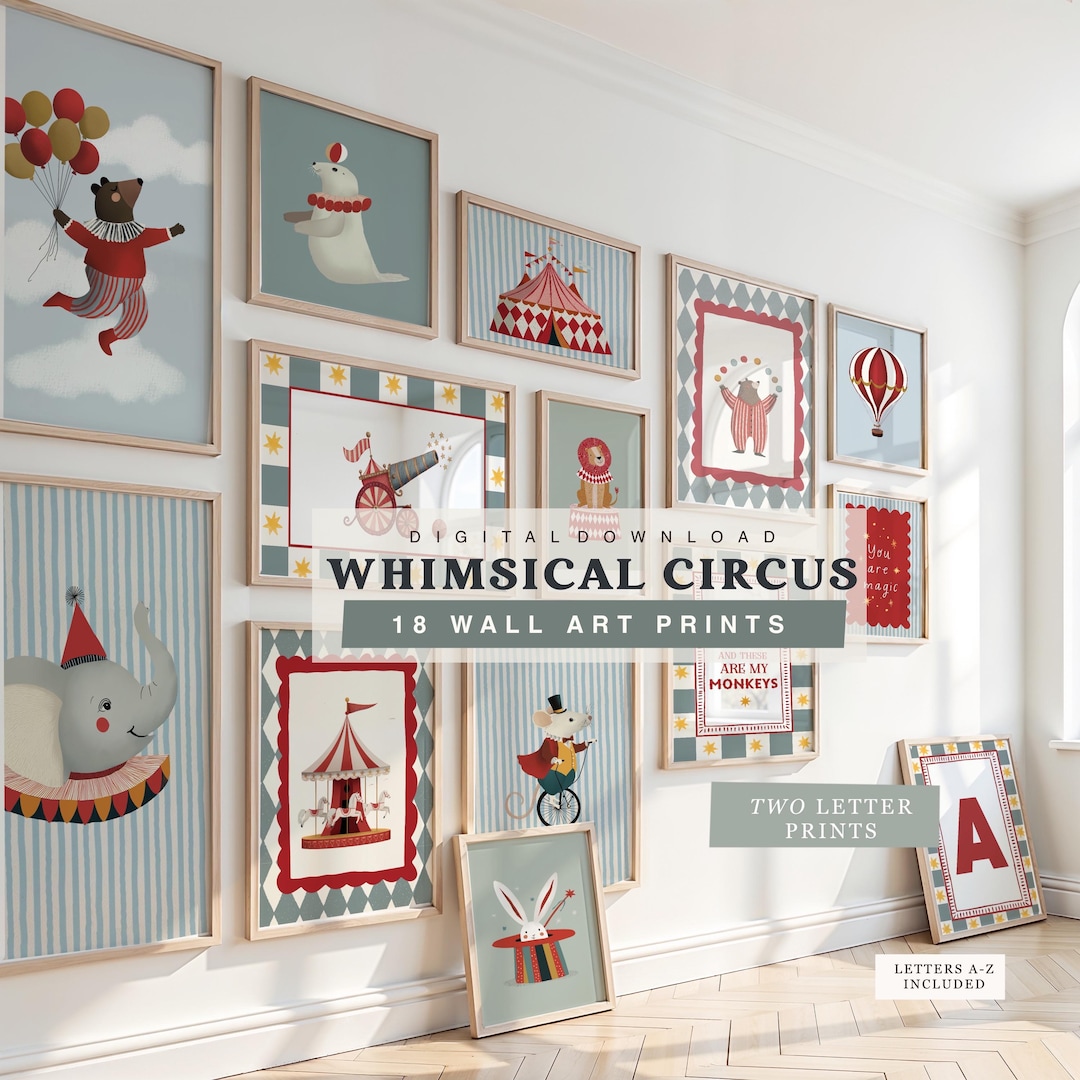 Circus Wall Art Set, Whimsical Nursery Decor, Vintage Carnival Playroom ...