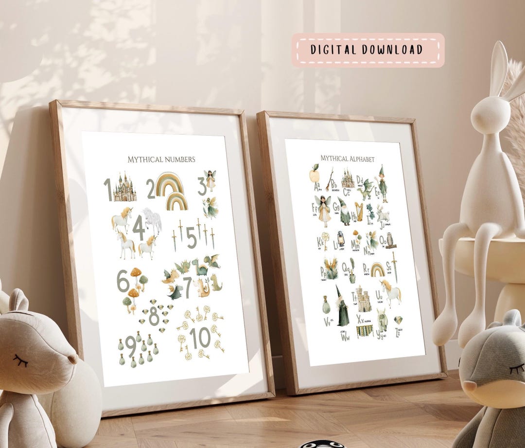 Mythical Numbers and Alphabet Watercolor Print: Fantasy Nursery Decor ...