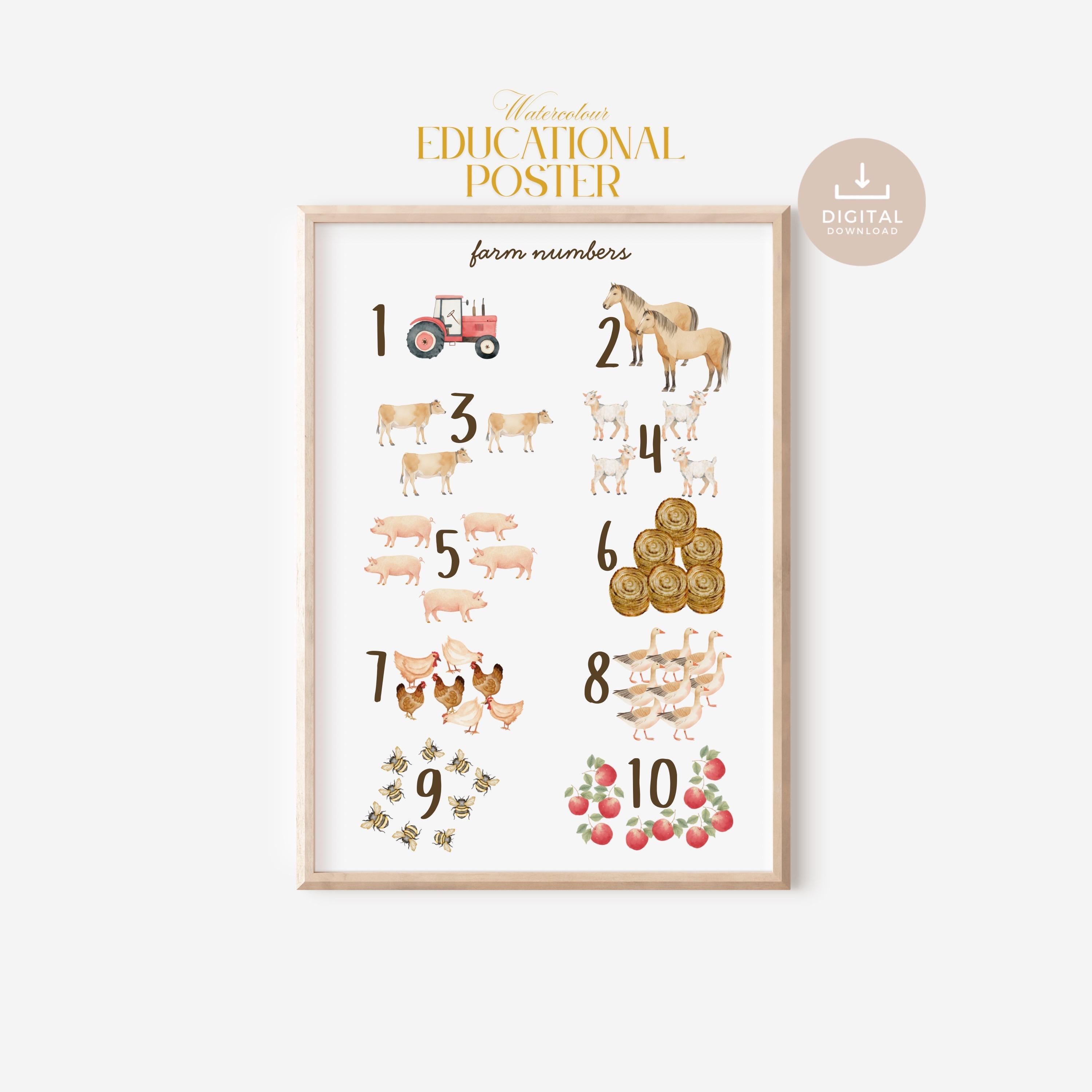 Farm Animals Number Print: Watercolor Nursery Decor (digital Download ...