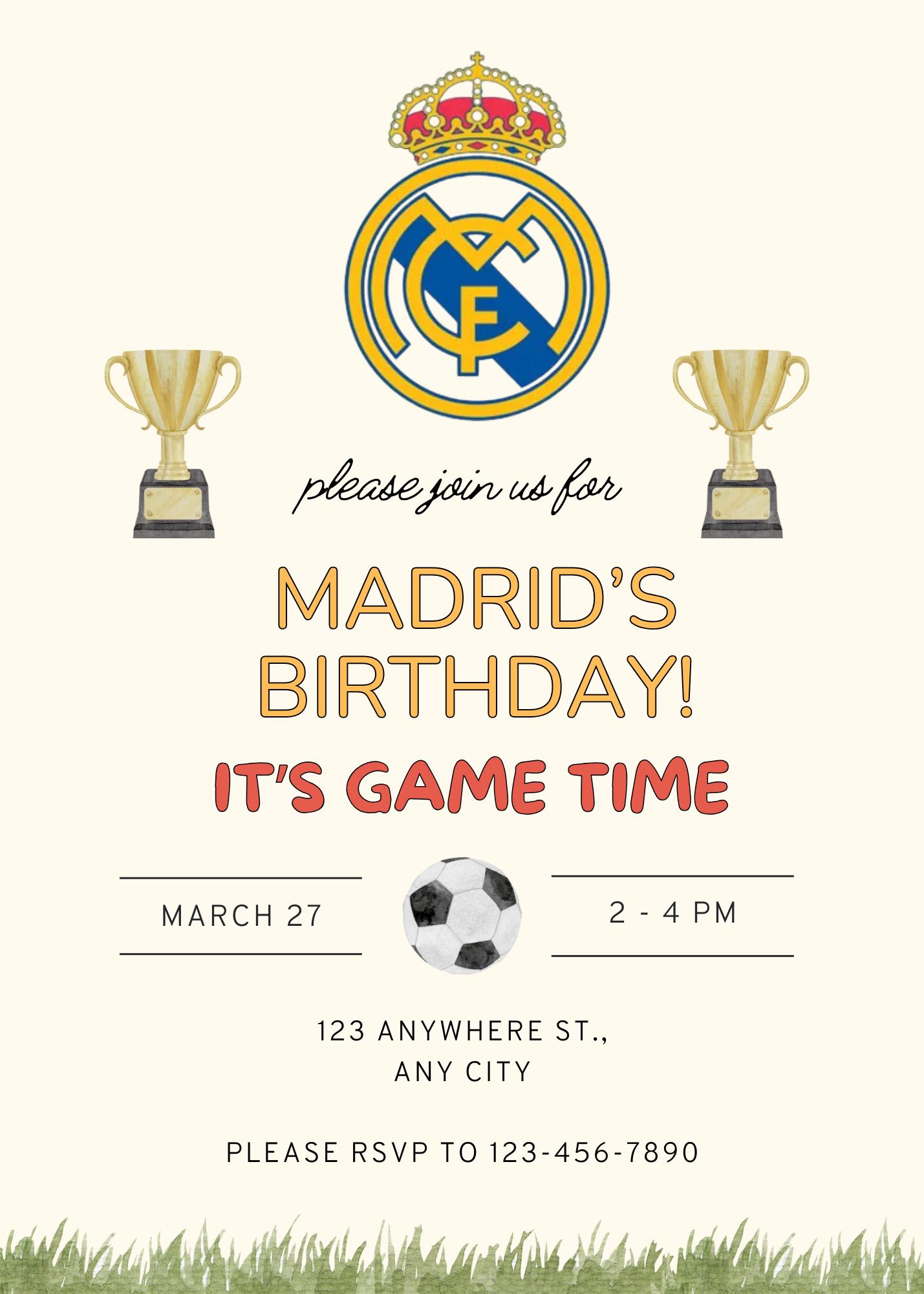 Real Madrid Soccer Birthday Invitation, Editable Boys Printable Invite ...