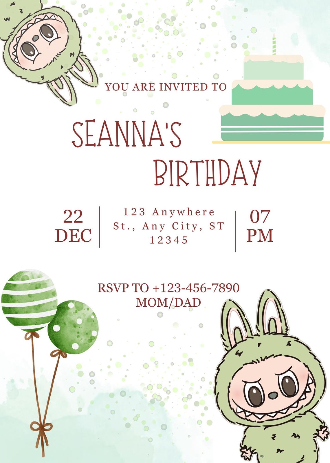 Labubu Green Theme Birthday Invitation | Cute Monster Invitation ...