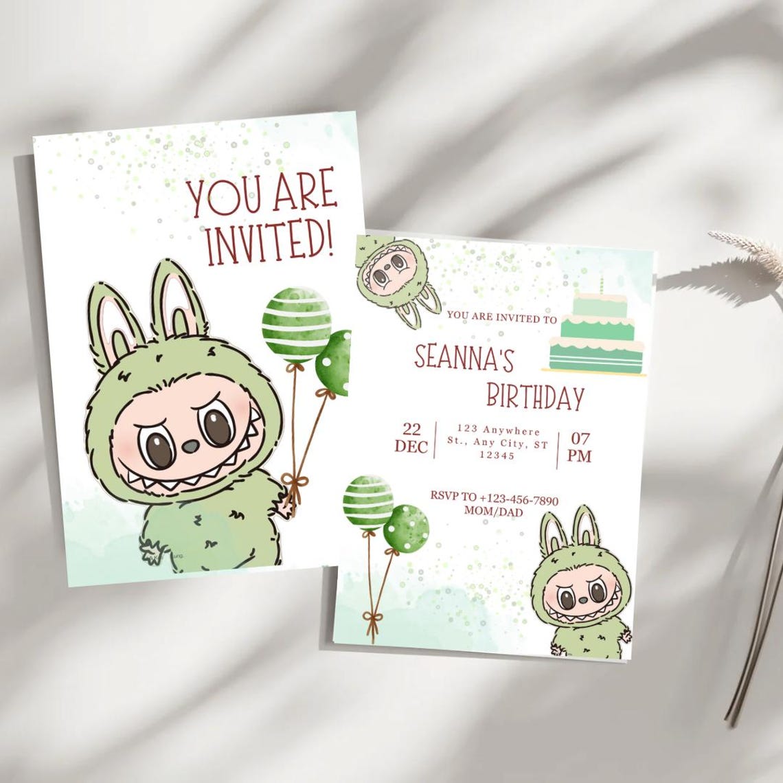 Labubu Green Theme Birthday Invitation | Cute Monster Invitation ...