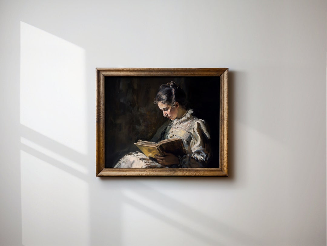 Printable Portrait Woman Reading Book Painting Vintage Book Nook Wall ...