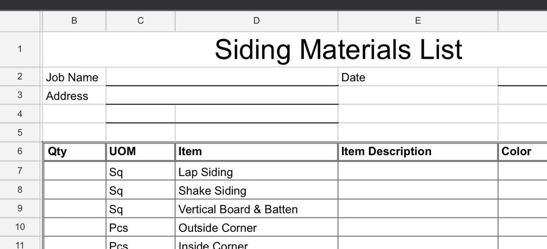 Simple Vinyl Siding Material Checklist (Instant Download) - Etsy