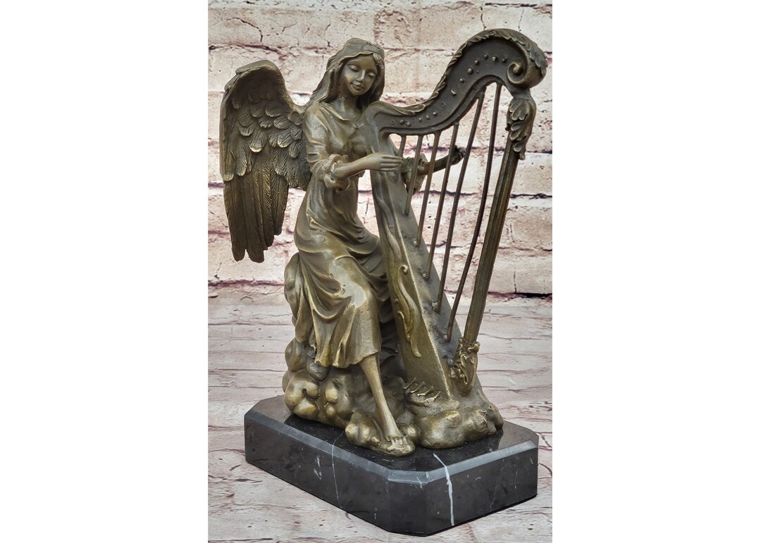 Winged Female Angel Playing Heavenly Harp Bronze Memorial Sculpture ...