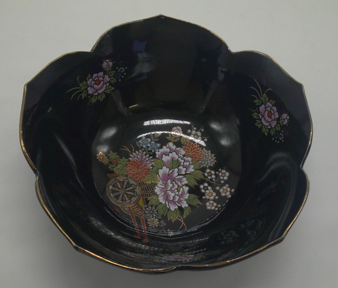 Japanese Bowl in Black, Stunningly Hand Painted With Flowers ...