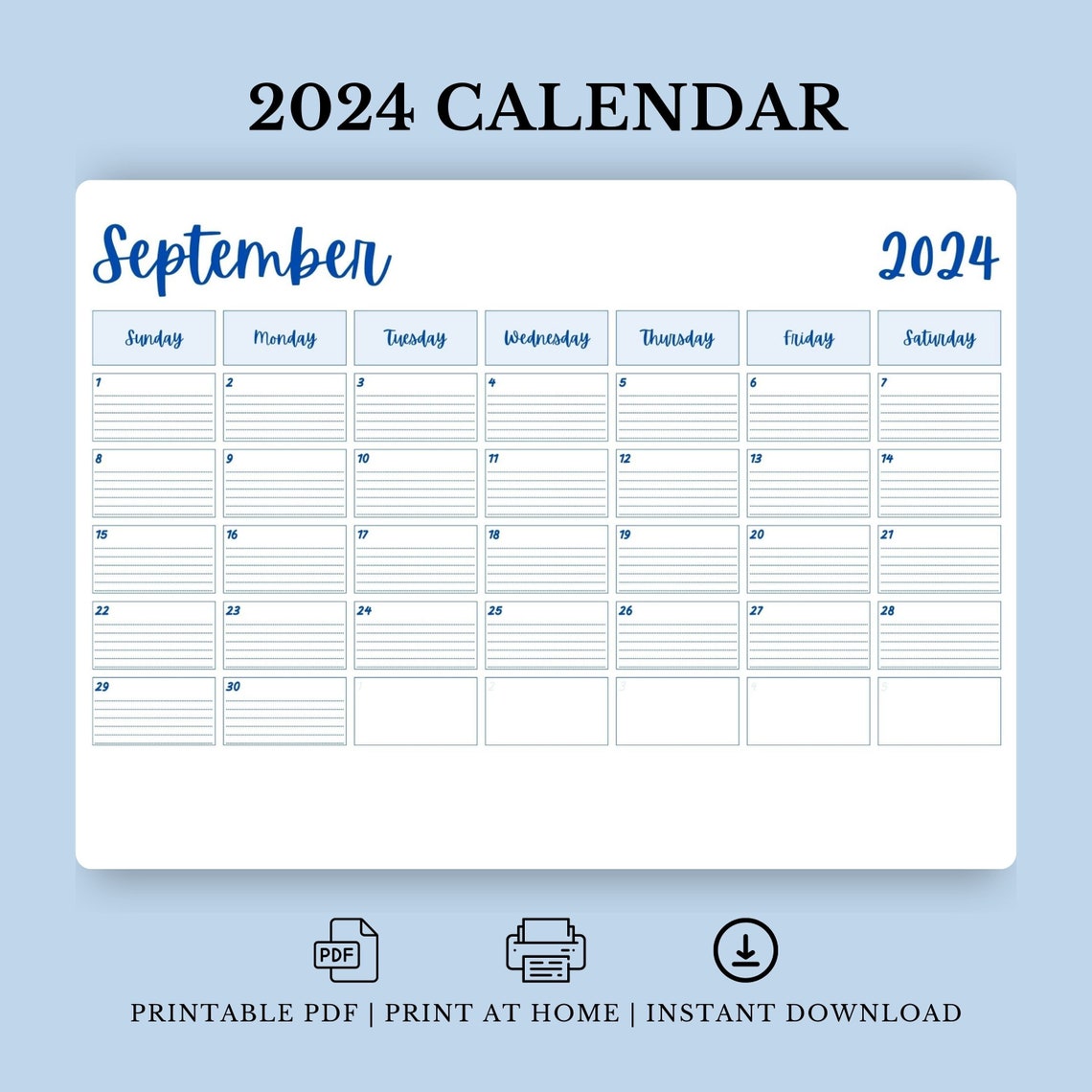 Printable Calendar 2024, Instant Download, Wall Calendar, Digital ...
