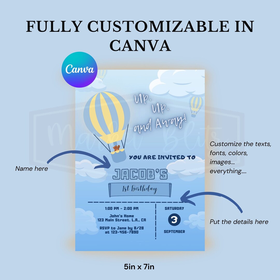 Editable Birthday Invitation, Sky Blue Hot Air Balloon Theme Invitation ...