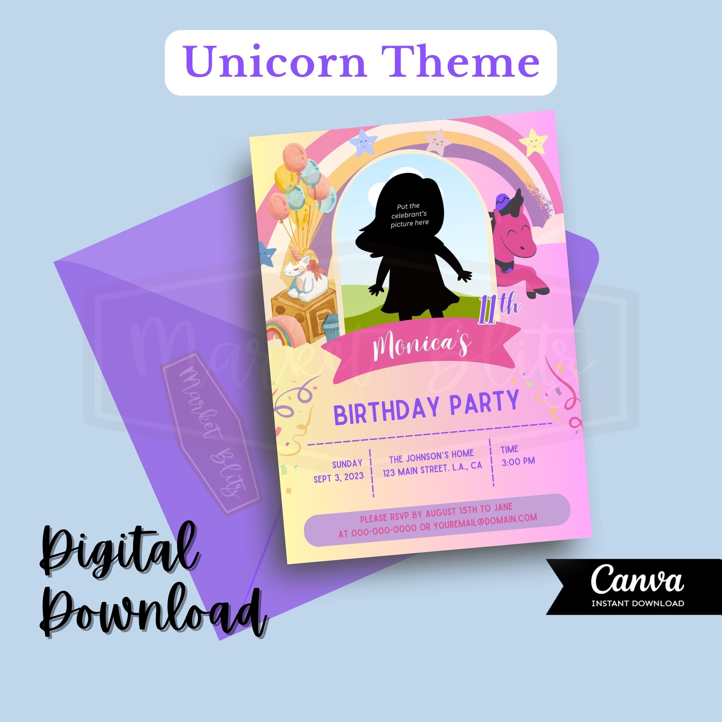 Editable Birthday Invitation, Unicorn Theme Invitation, Girls ...
