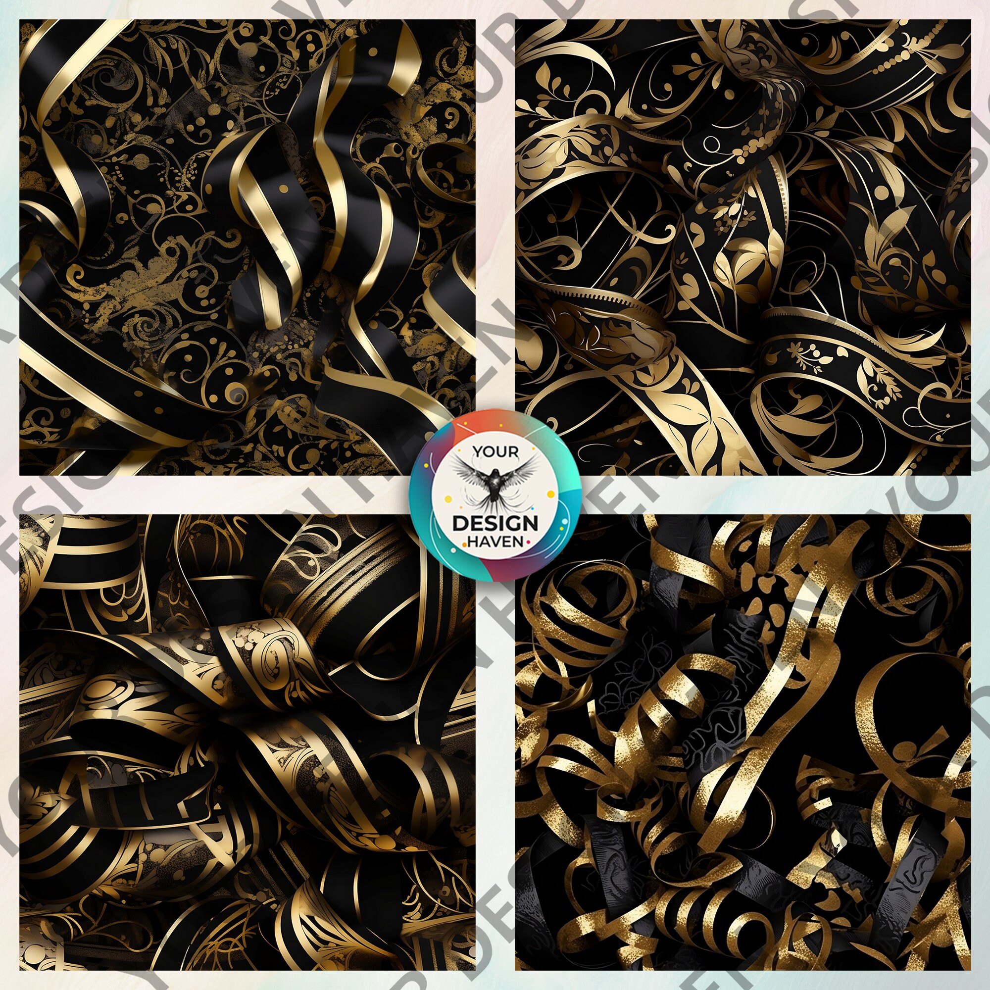 8 Elegant Black & Gold Streamers Digital Patterns, Seamless Digital ...
