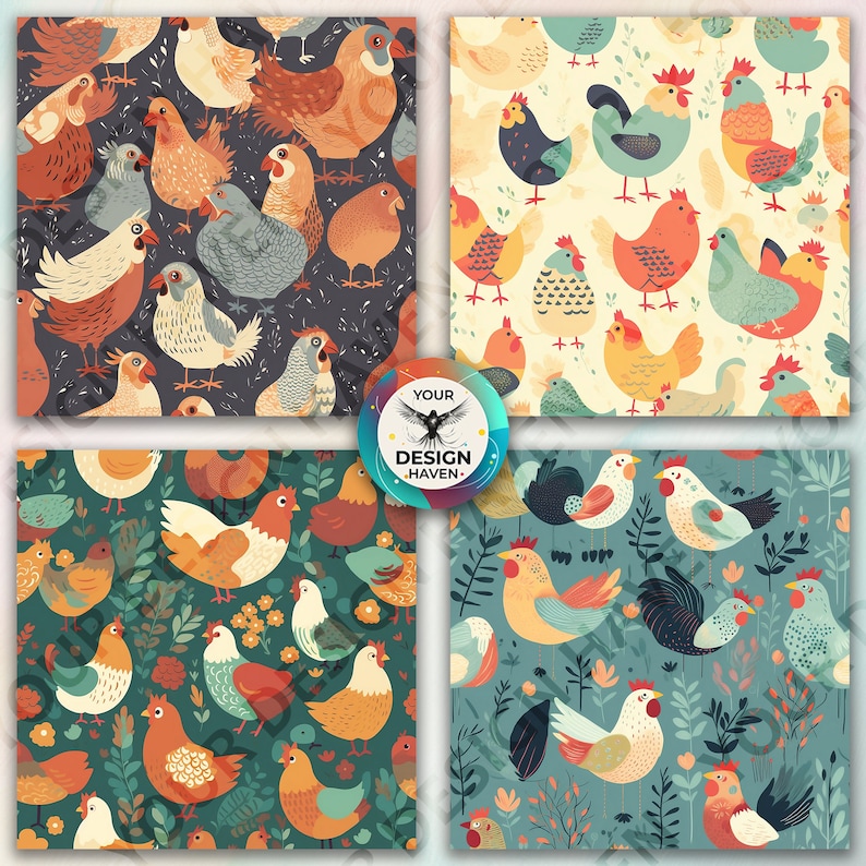 9 Chicken Digital Patterns, Seamless Digital Texture, High Res Digital ...