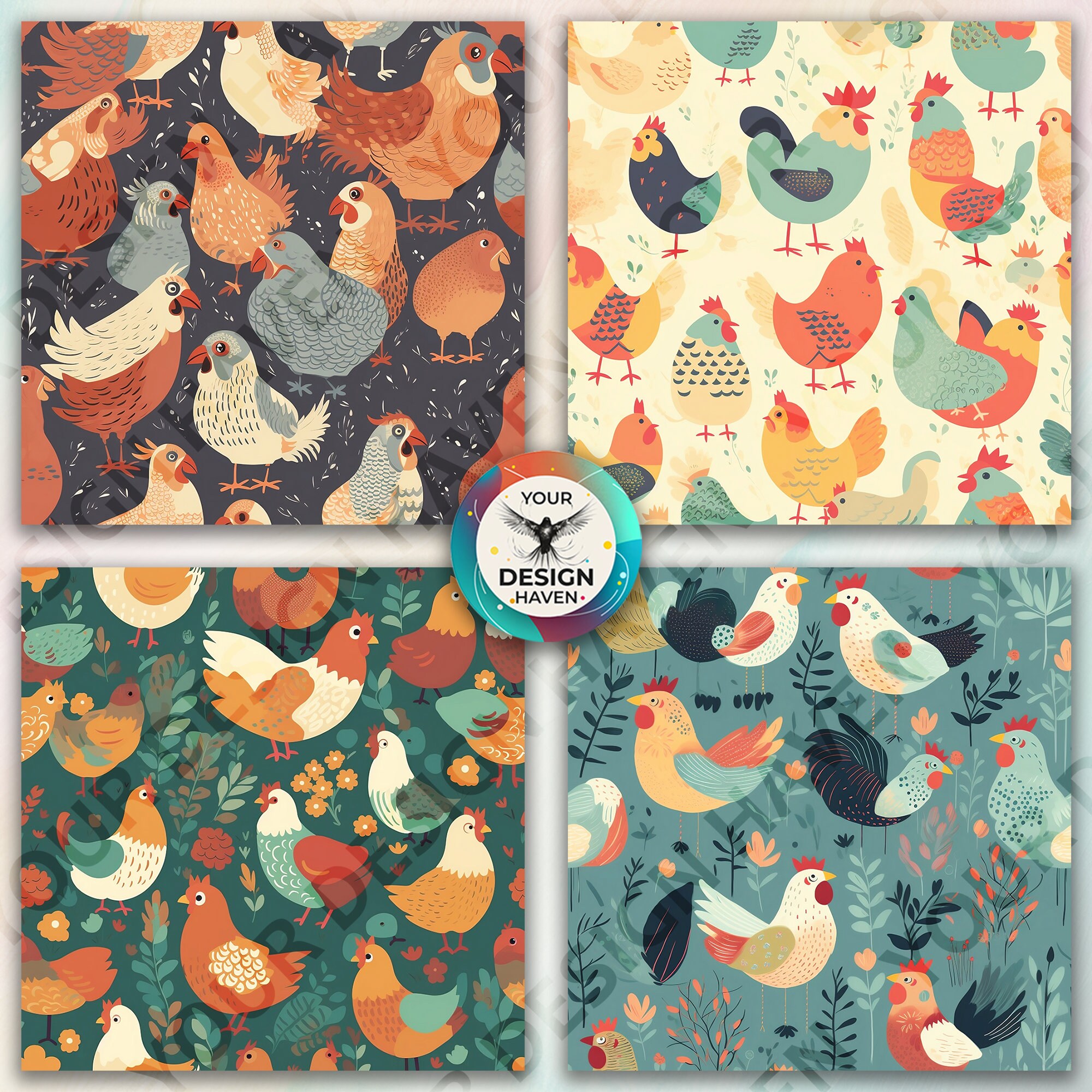 9 Chicken Digital Patterns, Seamless Digital Texture, High Res Digital ...