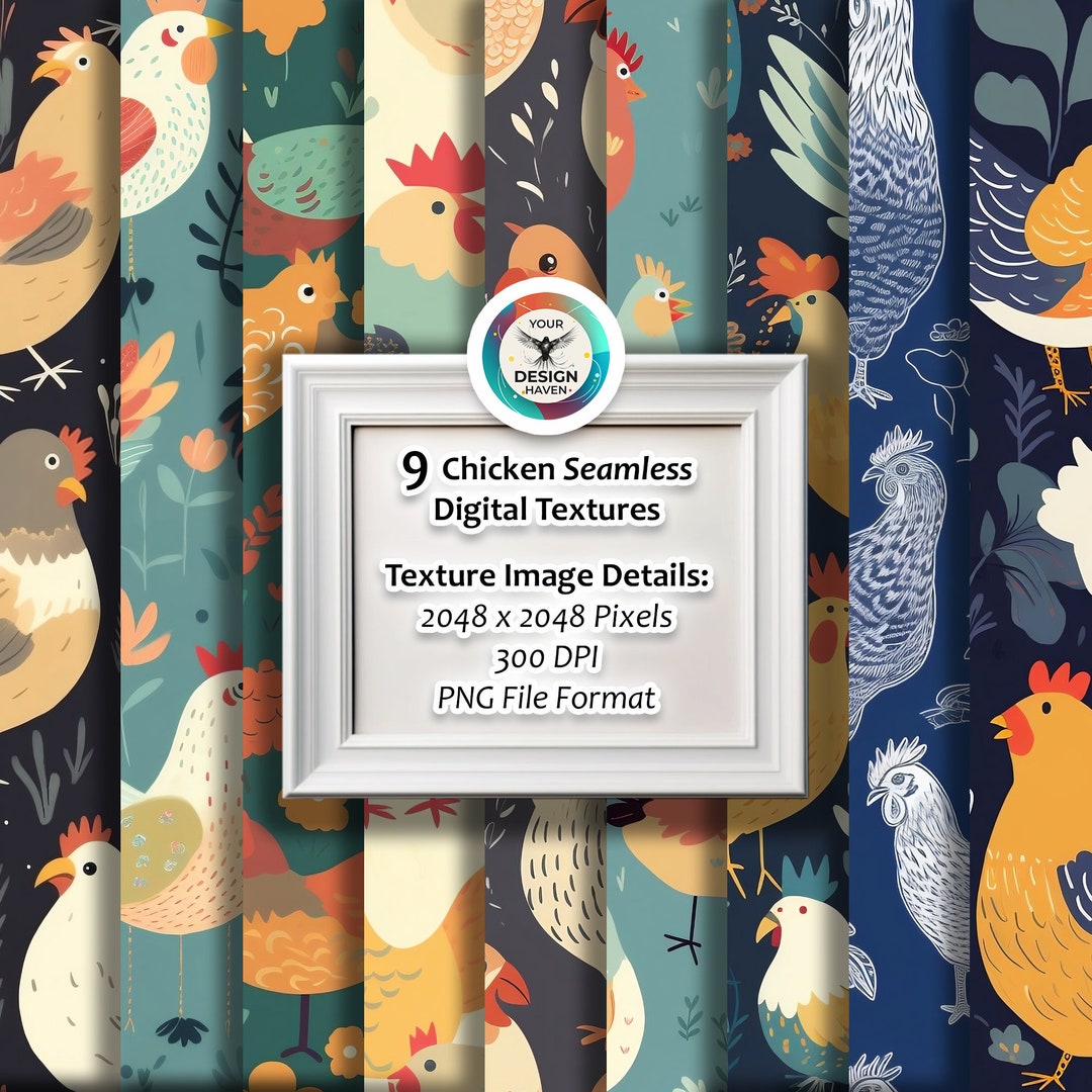 9 Chicken Digital Patterns, Seamless Digital Texture, High Res Digital ...