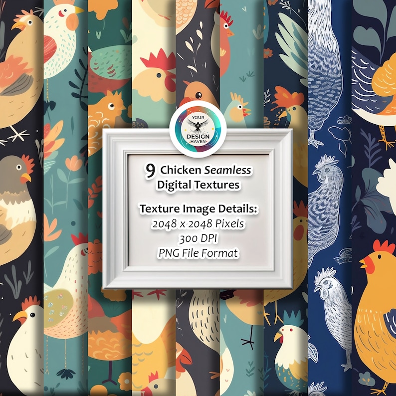 9 Chicken Digital Patterns, Seamless Digital Texture, High Res Digital ...