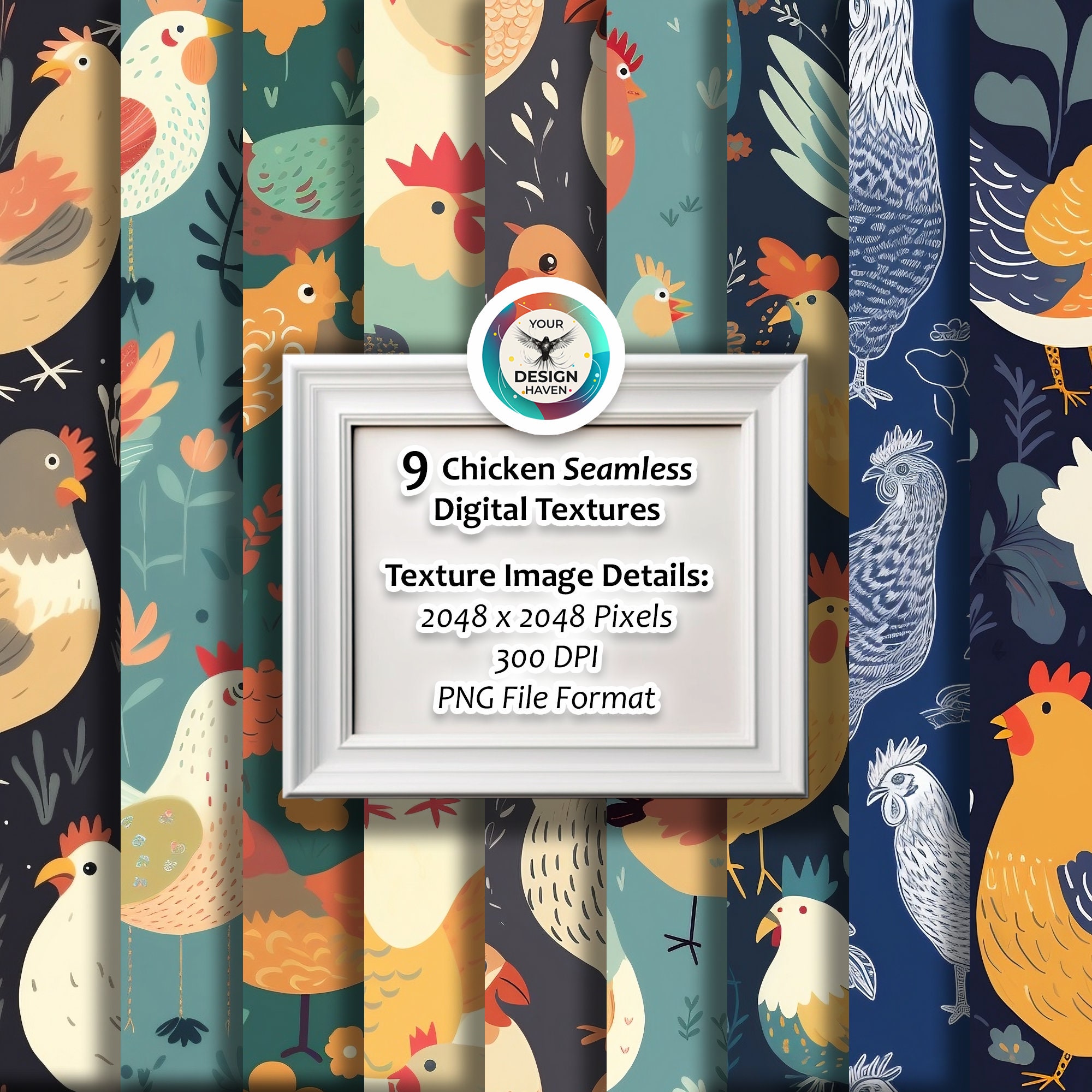9 Chicken Digital Patterns, Seamless Digital Texture, High Res Digital ...