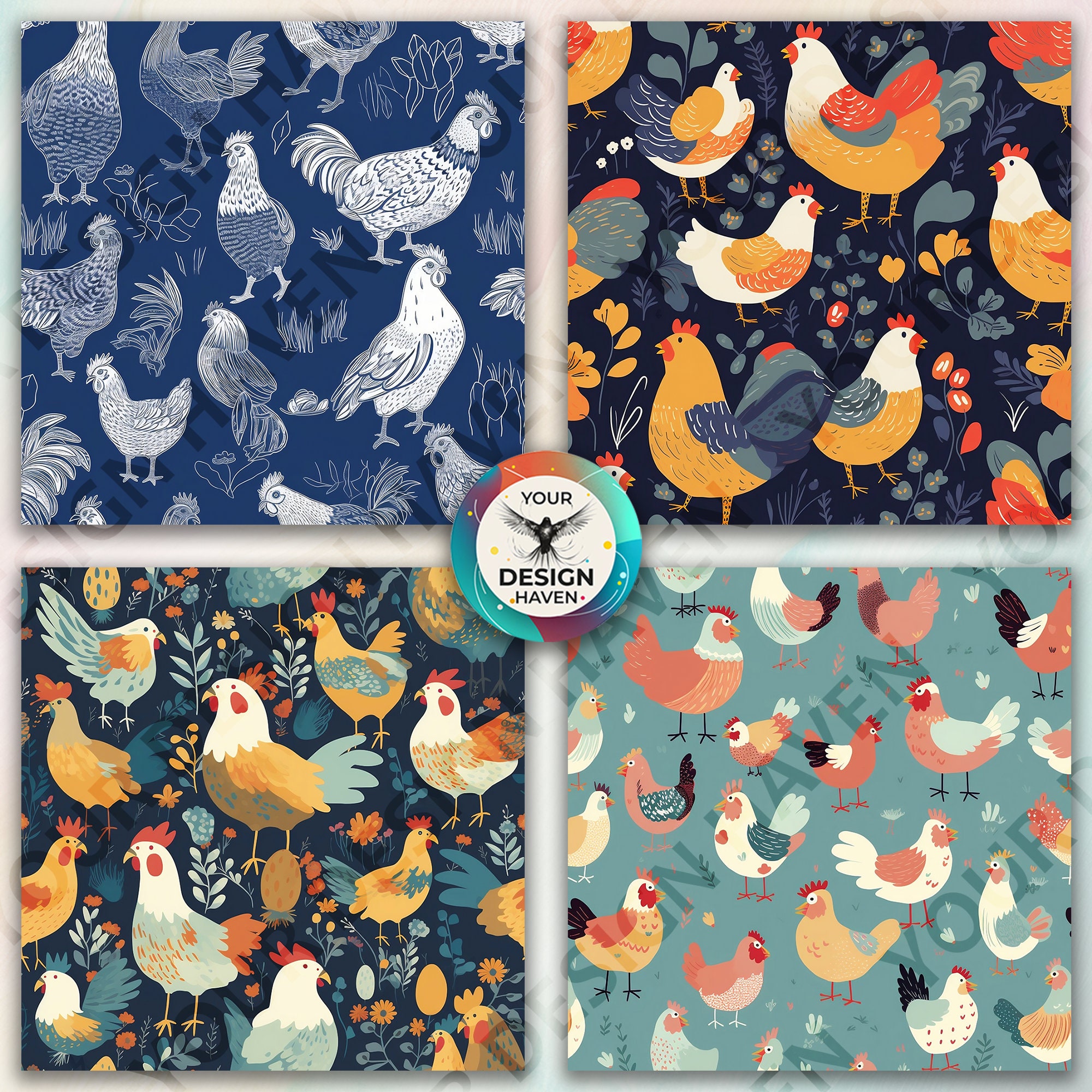9 Chicken Digital Patterns, Seamless Digital Texture, High Res Digital ...