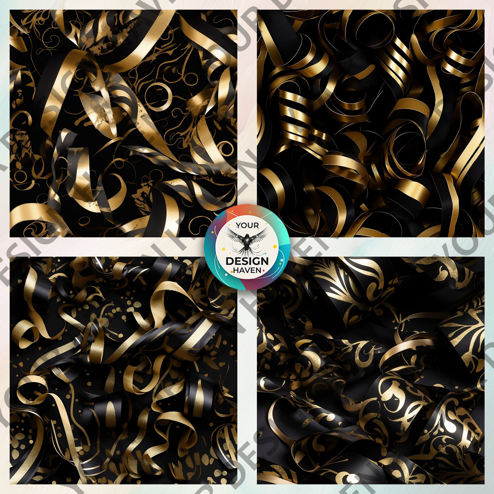 8 Elegant Black & Gold Streamers Digital Patterns, Seamless Digital ...