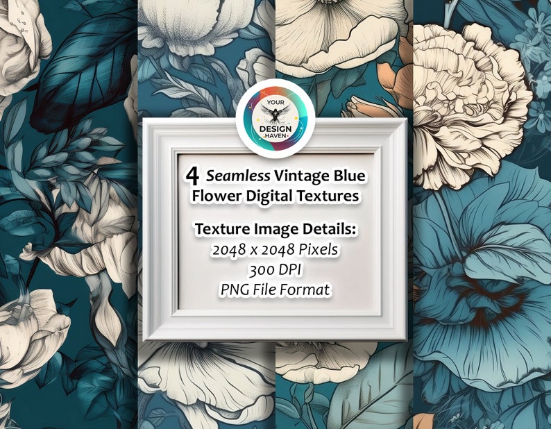 4 Vintage Blue Flower Digital Patterns Seamless Digital - Etsy
