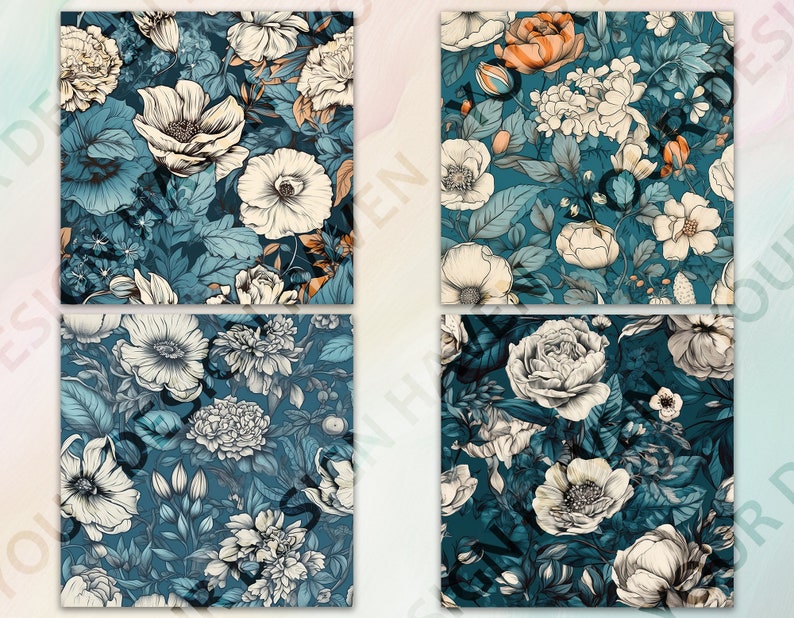 4 Vintage Blue Flower Digital Patterns Seamless Digital - Etsy