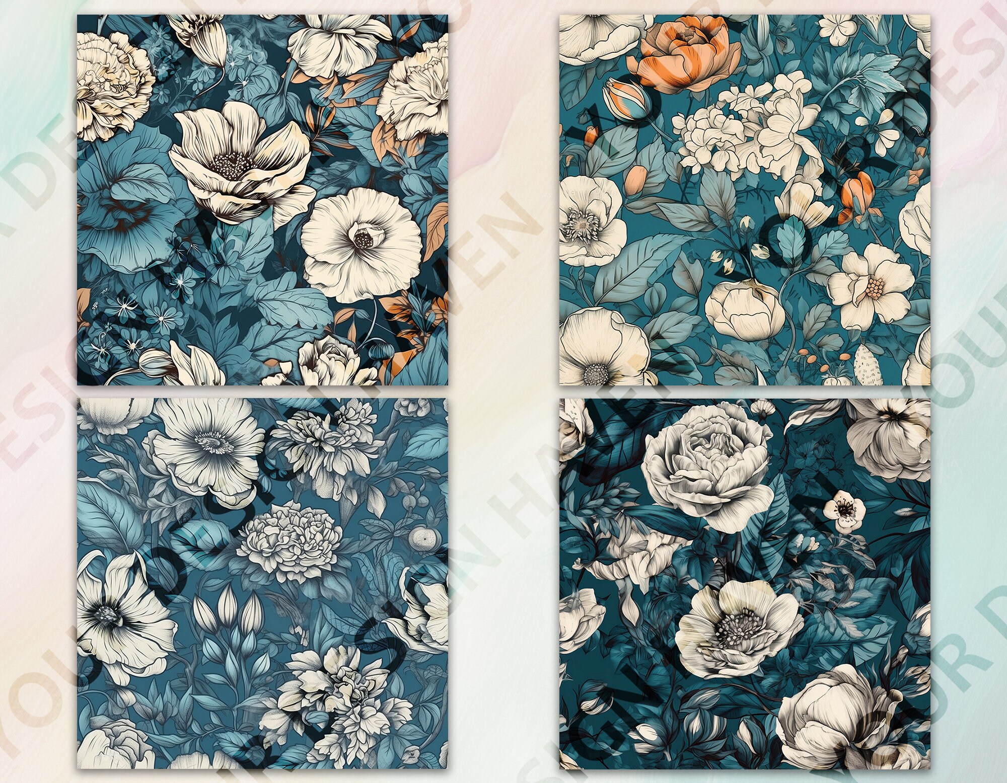 4 Vintage Blue Flower Digital Patterns, Seamless Digital Texture, High ...