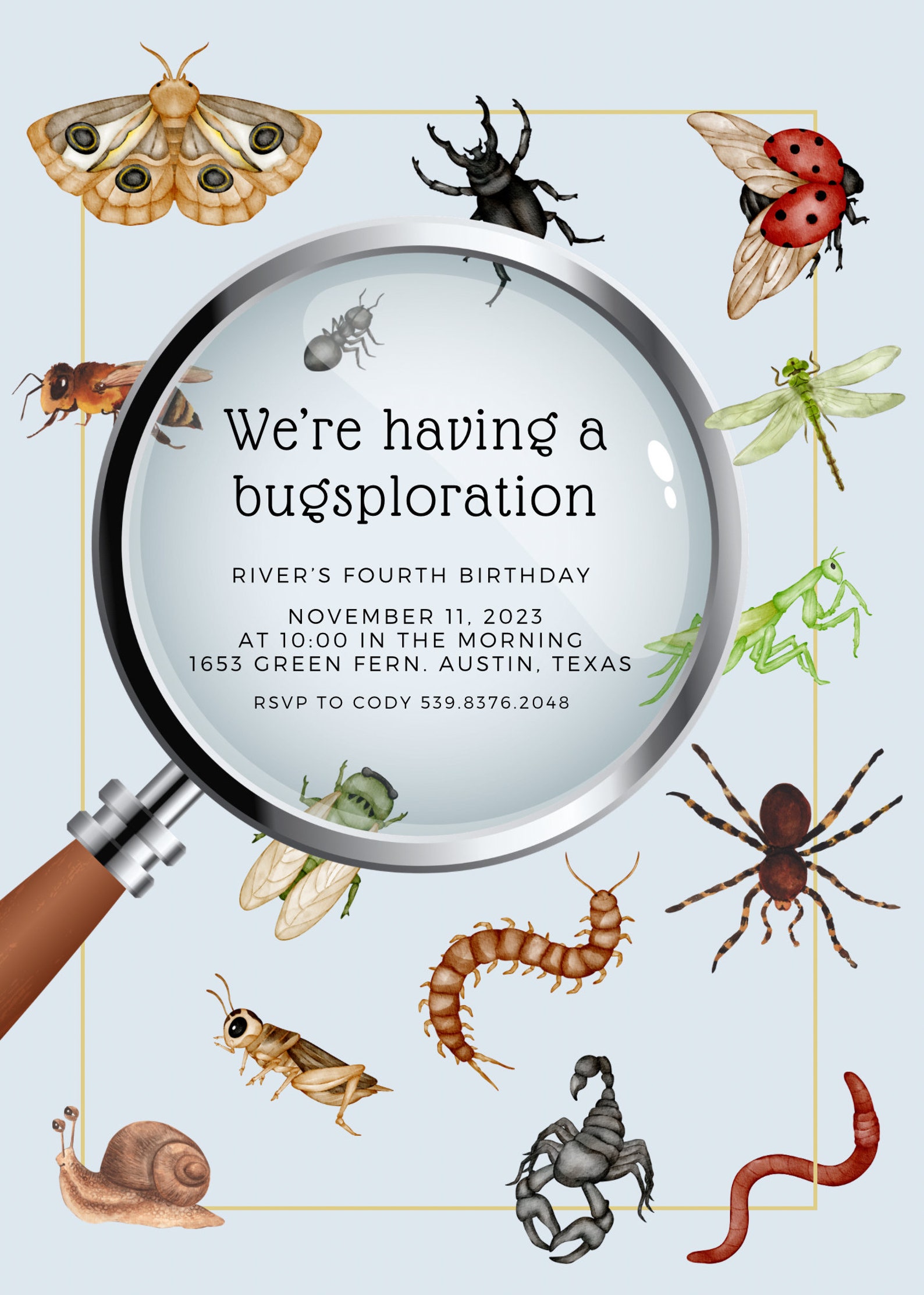 Bug Exploration Invitation, Bugs, Explore, Magnifying Glass, Birthday Invitation, 5x7, Editable ...