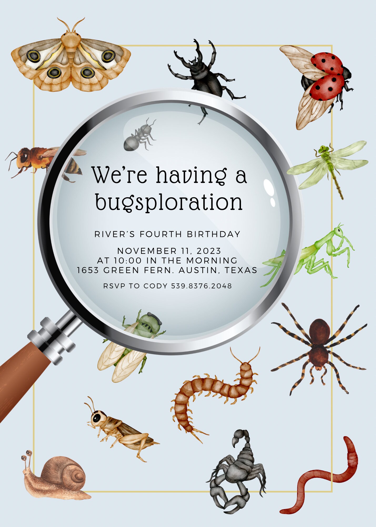 Bug Exploration Invitation, Bugs, Explore, Magnifying Glass, Birthday Invitation, 5x7, Editable ...