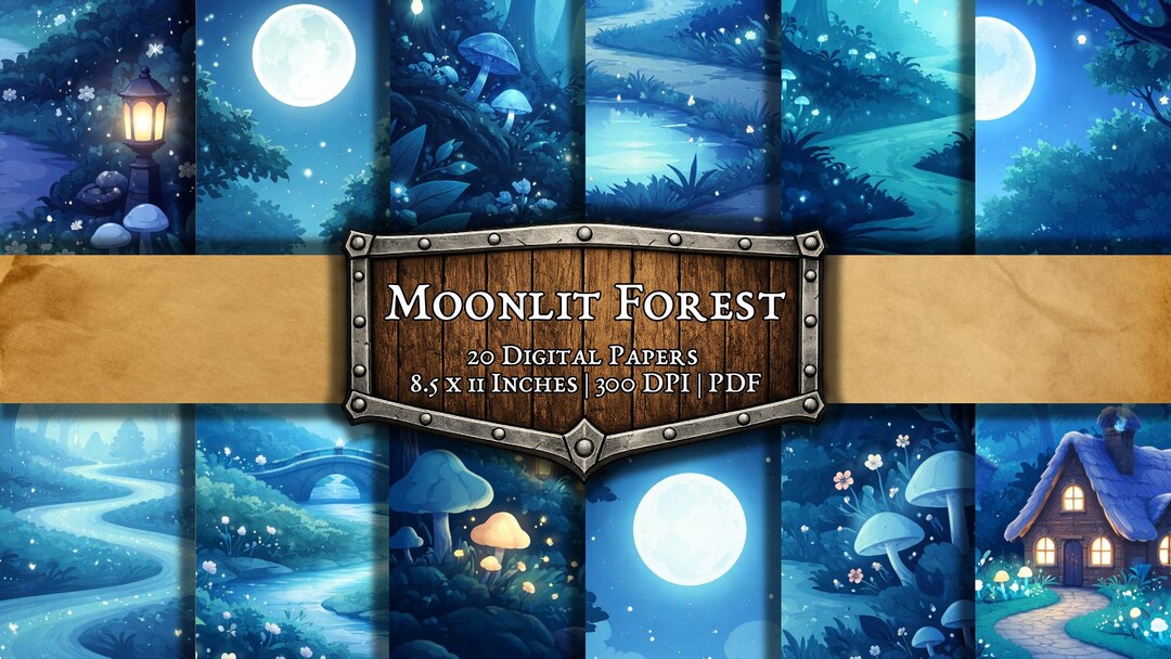 Moonlit Forest Digital Paper, Enchanted Woods Junk Journal Pages ...