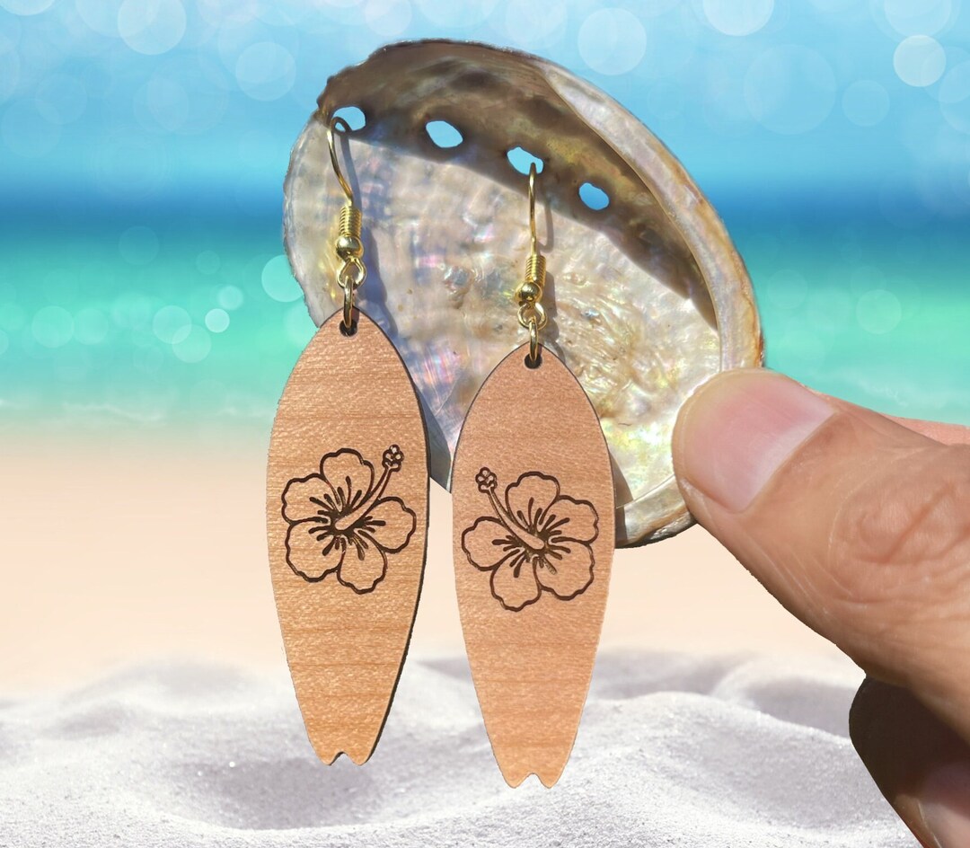 Surfboard Shape With Engraved Hibiscus Flower Wood Earring - Etsy