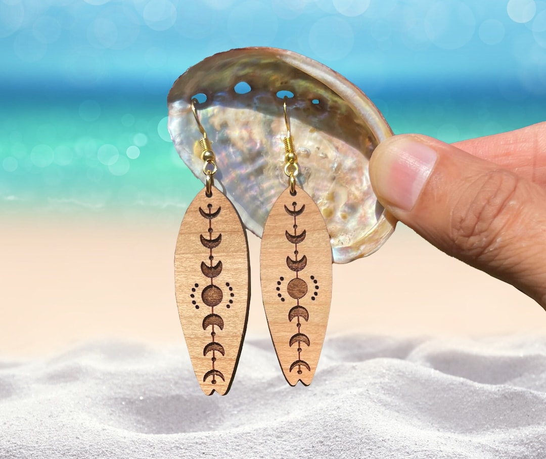 Surfboard Shape With Engraved Moon Phases Wood Earring - Etsy