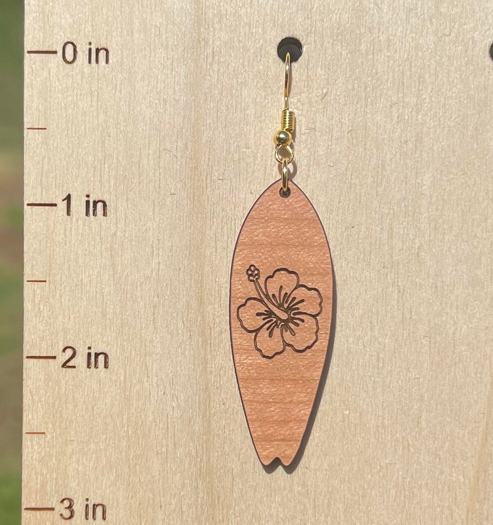 Surfboard Shape With Engraved Hibiscus Flower Wood Earring - Etsy