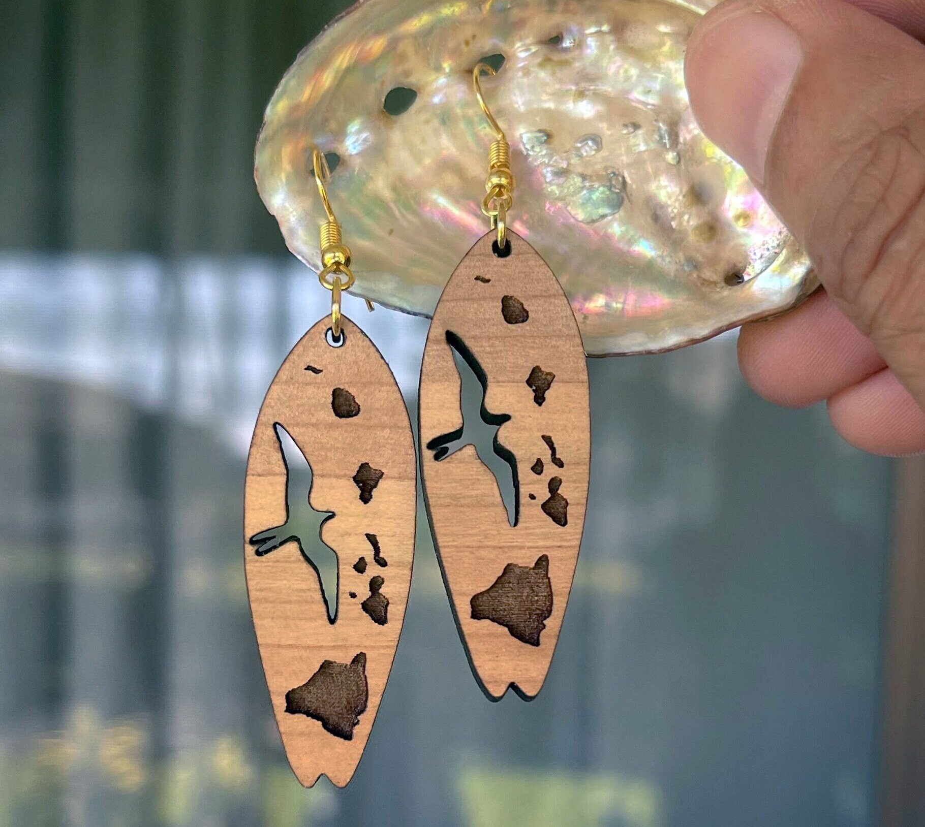 Surfboard Hawaii Islands and Seagull Wood Earring Design - Etsy