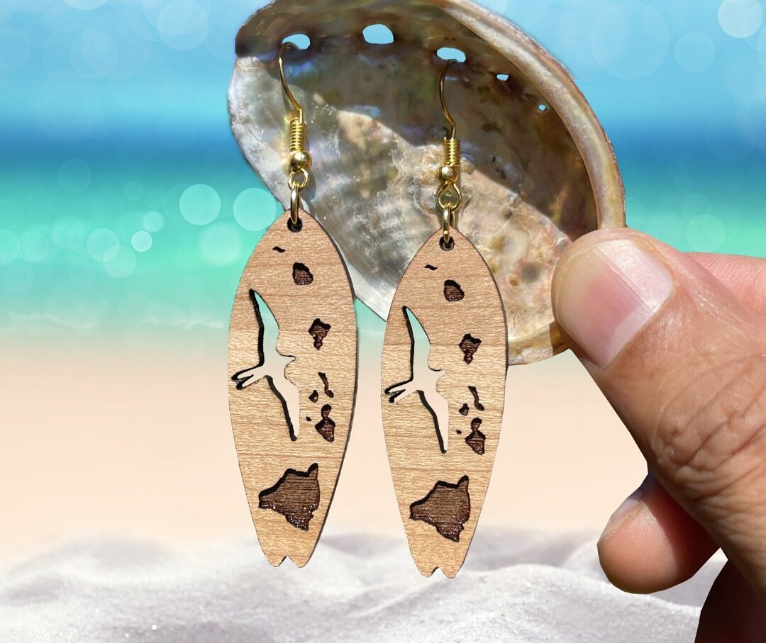 Surfboard Hawaii Islands and Seagull Wood Earring Design - Etsy