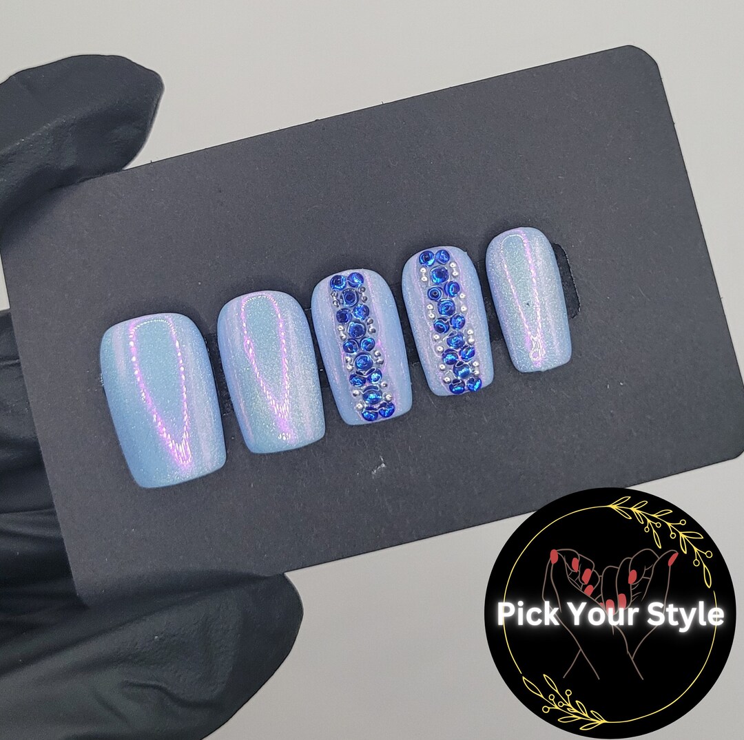Handmade Customize Press on Nails Blue Gel Polish Chrome Effect Blue ...