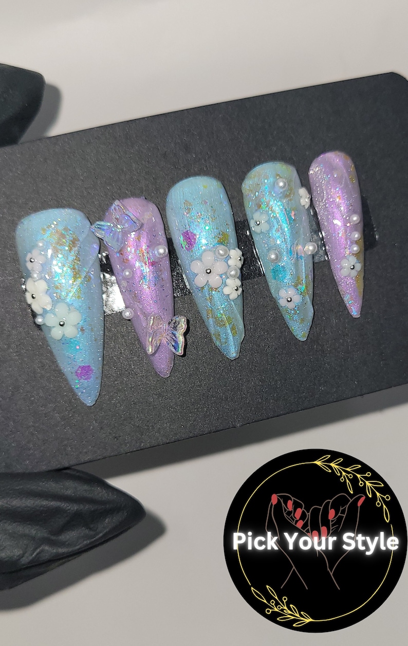 Handmade Blue and Purple Customizable Press on Nails Fairy Butterfly ...