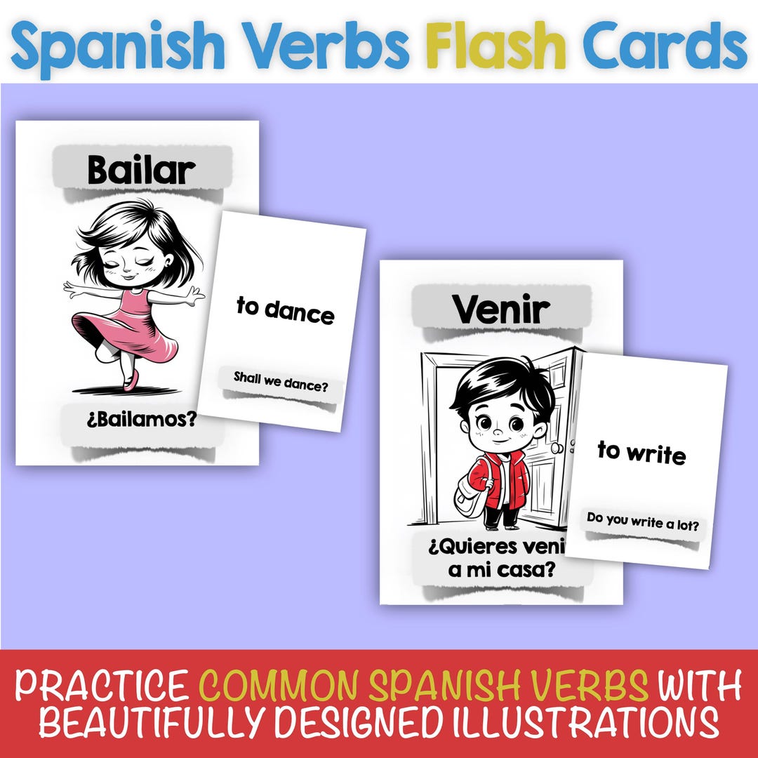 Spanish Verbs Flashcards – Printable Set (96 Cards) - Etsy