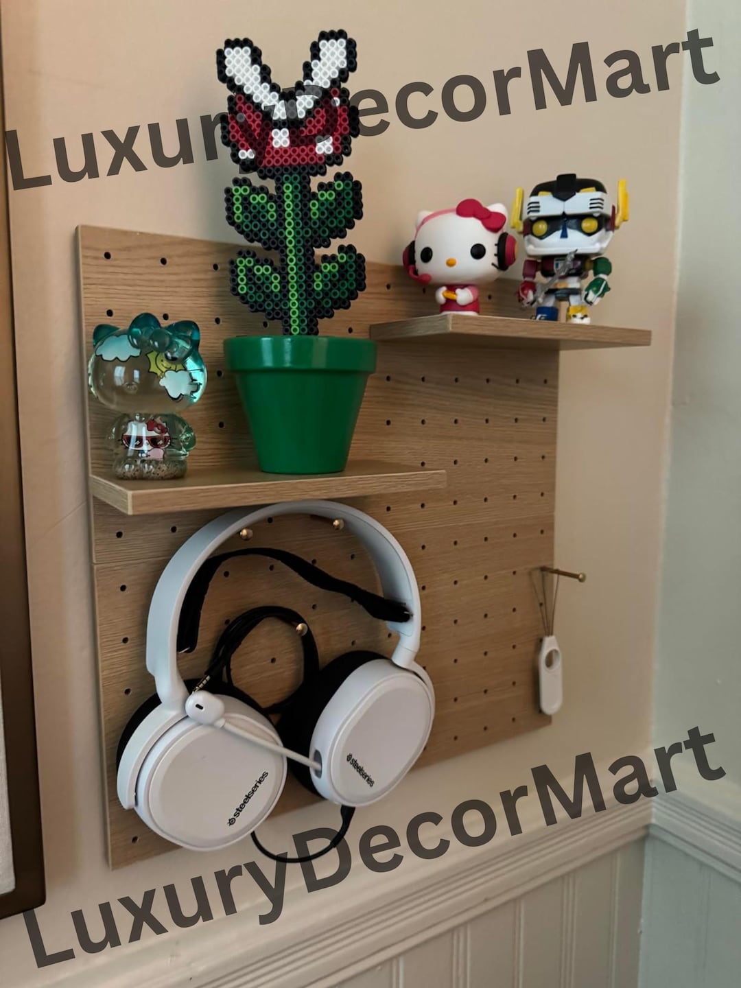 Wooden Wall Mount Pegboard With Brass Hooks & Shelves | Keychain Rack ...