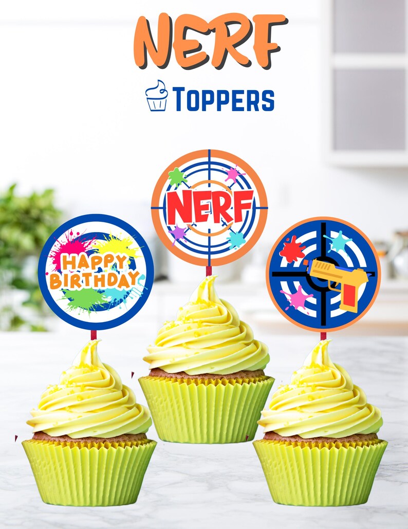 Nerf Party Cupcake Toppers: 12 Printable Dart Theme Decorations ...