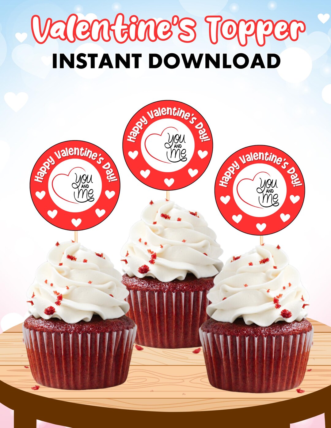 Valentines Cupcake Toppers, Instant Download, Red Heart Cupcake Toppers ...
