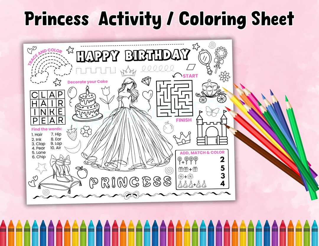 Princess Coloring, Coloring Placemat, Instant Download, Kids Activity ...