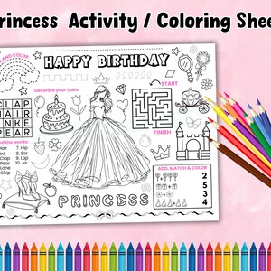 Princess Birthday Coloring Placemat: Kids Activity Sheet (PDF & PNG) - Etsy