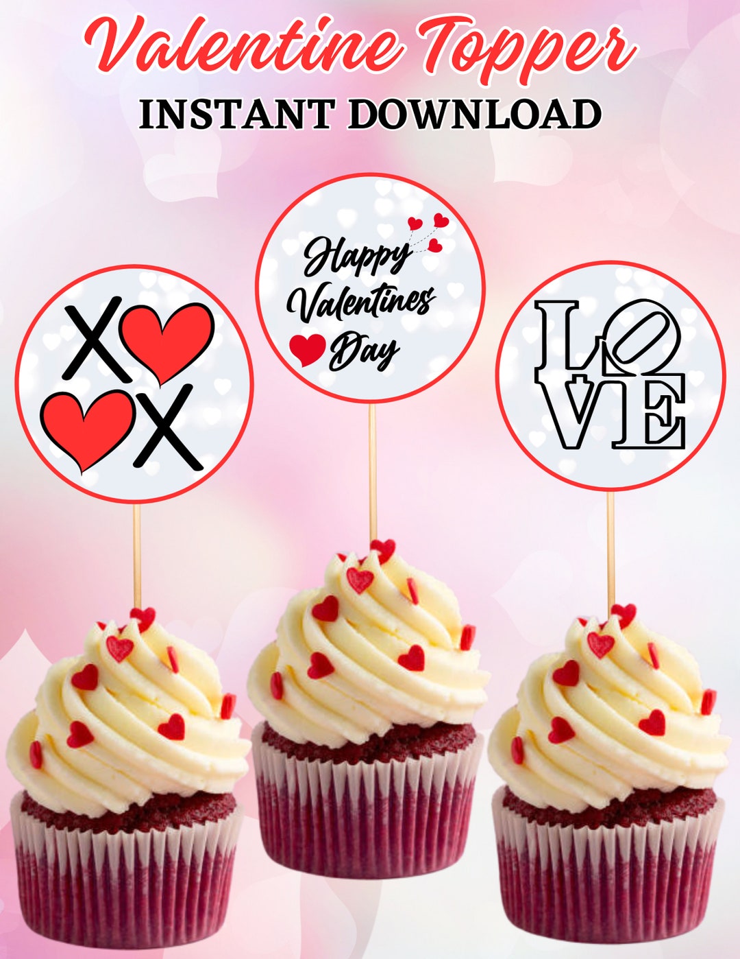 Valentine Cupcake Toppers, Heart Cupcake Topper, Instant Download ...