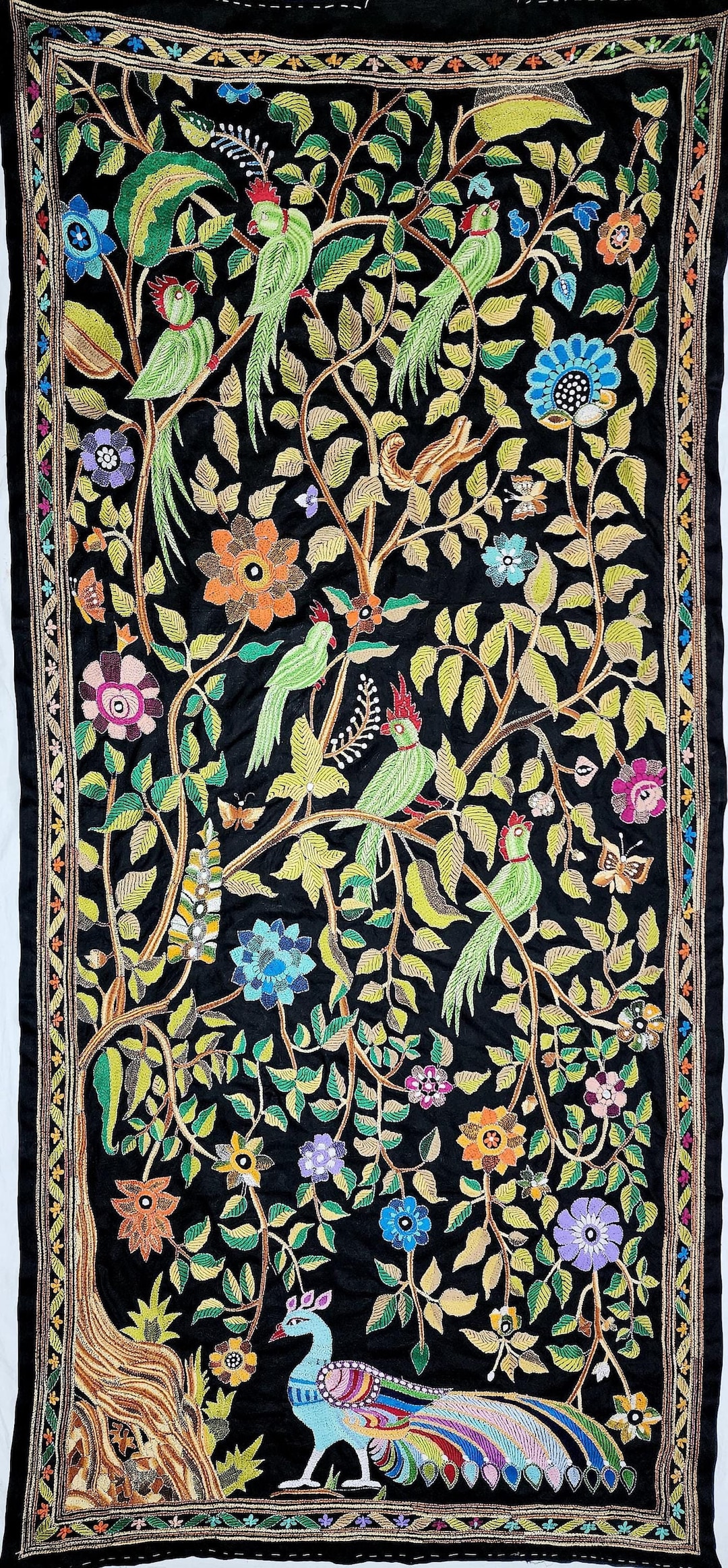 Peacock Motif Kantha Hand Embroidery Dupatta on Pure Silk, Multicolor ...