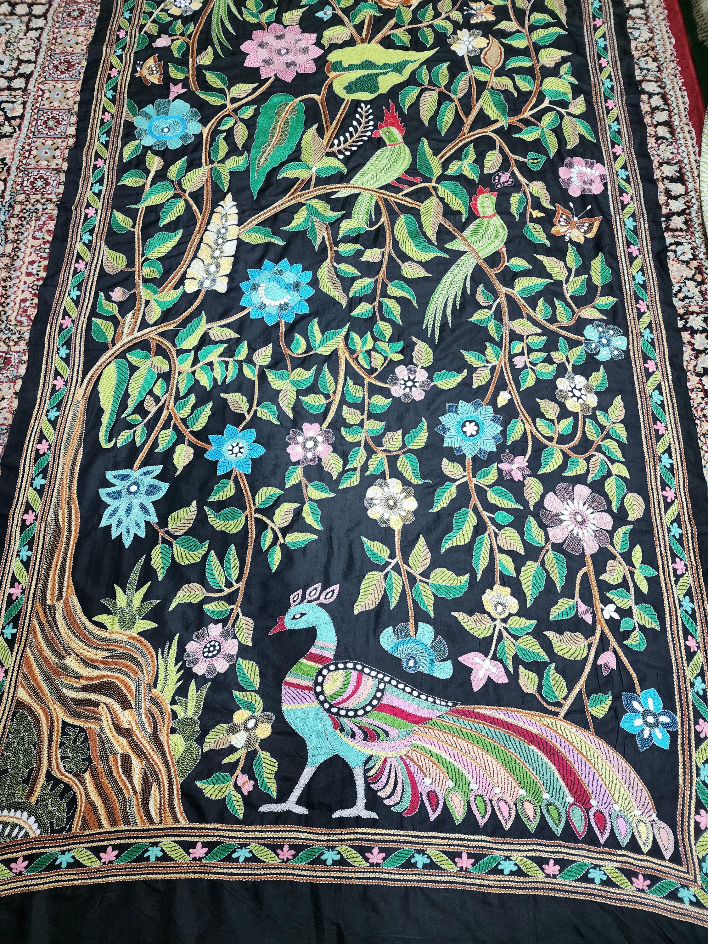 Peacock Tree of Life Dupatta: Hand Embroidered Silk Kantha Scarf - Etsy