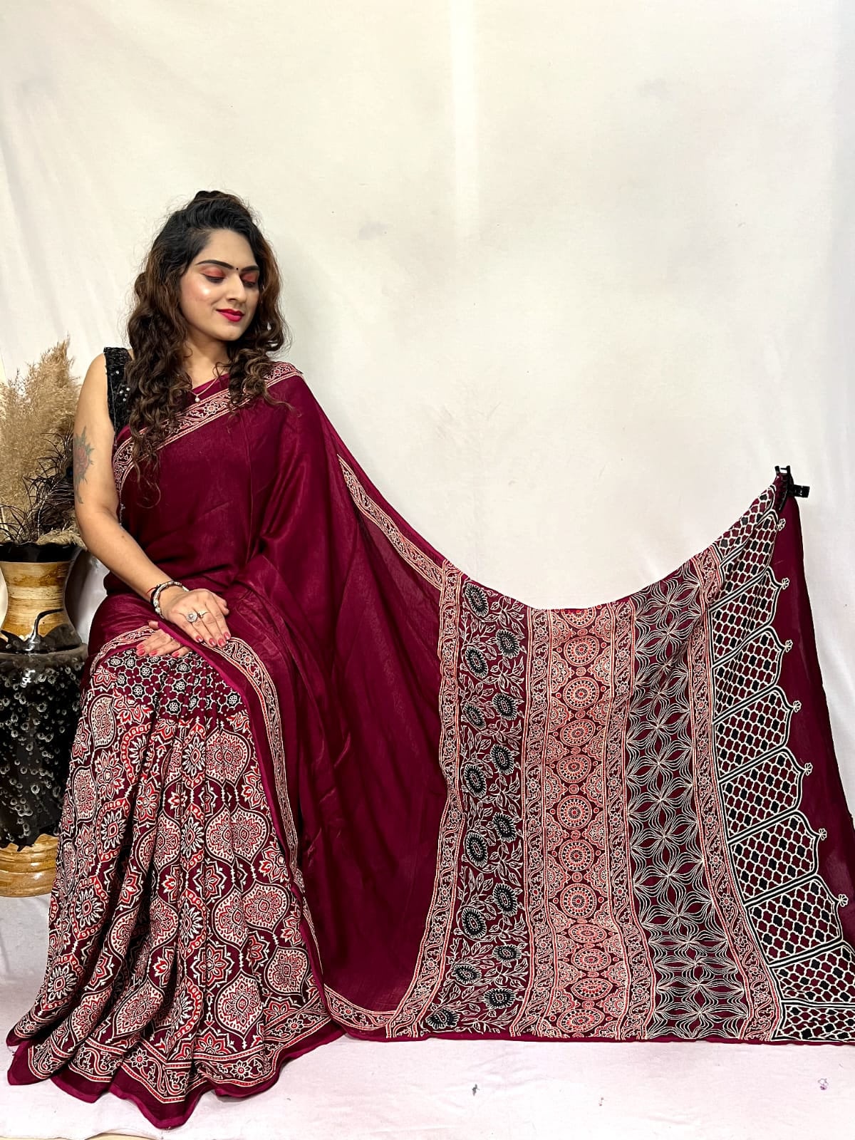 Designer Ajrakh Modal Silk Saree, Pure Modal Silk Ajrakh Hand Block ...