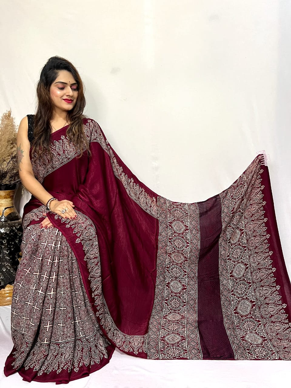 Designer Ajrakh Modal Silk Saree, Pure Modal Silk Ajrakh Hand Block ...